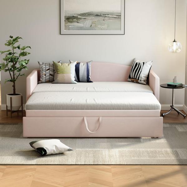 商品名: Flieks ツインサイズ デイベッド 拡張ポップアップトランドル、ベルベット布張りのソファベッド デイベッド ソフトパッド入りアームレストと背もたれ付き 省スペースツインからキングデザイン、ゲストルームに最適、ピンク Fliek...