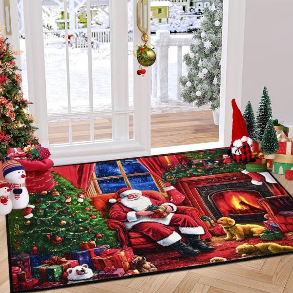 商品名: FRAMICS クリスマスエリアラグ 2 x 3、サンタクロースの暖炉とクリスマスツリーエリアラグ、クリスマスドアマット、屋内ノンスリップ洗濯可能、リビングルームやバスルーム、キッチンフロア用クリスマスマット、クリスマス装飾 FR...