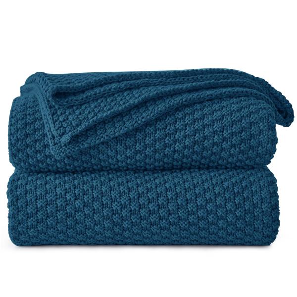 商品名: Longhui 寝具 ブルー ニット スローブランケット カウチ用 ソフト 快適 洗濯機洗い可能 綿100% ソファニットブランケット 重量4ポンド 60 x 80インチ ランドリーバッグ付き Longhui bedding Bl...