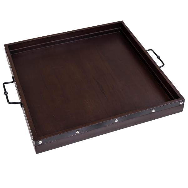 商品名: 24インチ x 24インチ 特大 正方形 オットマントレイ 高耐久 マンゴーウッド お茶を盛る ベッドでの朝食 リビングルーム 大きなコーヒーテーブルトレイ 素朴な農家スタイル 装飾ハンドル アクセントストラップ 24"x24" ...