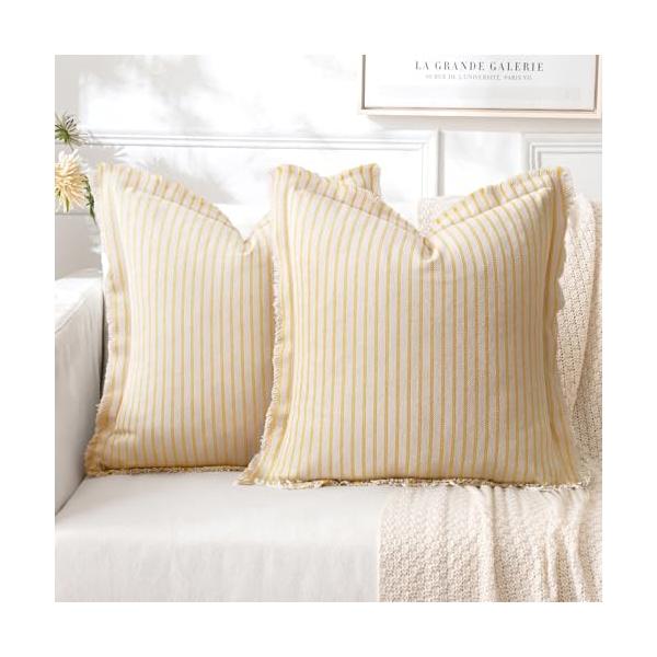 商品名: MIULEE イエロー 枕カバー 26x26インチ ストライプ ファームハウス カウチ スロー 枕カバー フリンジ付き シック コットン 装飾クッションカバー ソファ リビングルーム ベッド ホームデコレーション MIULEE P...