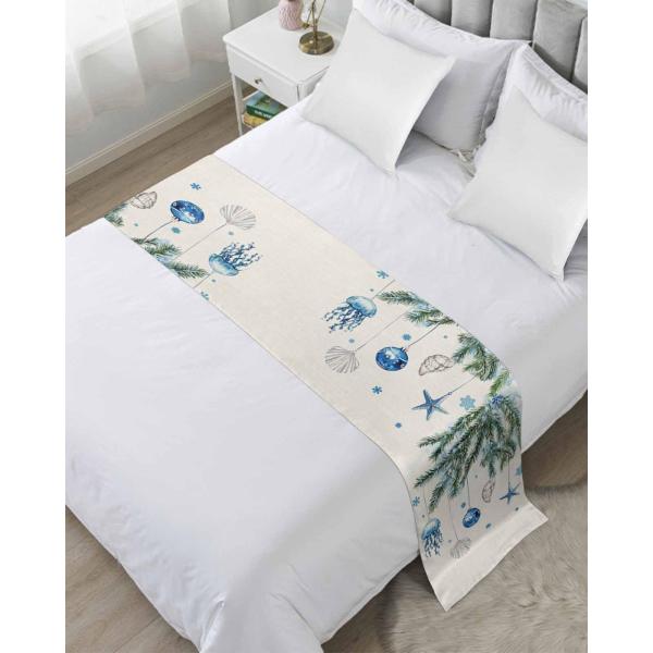 商品名: DecorLovee ブルーコースタルクリスマスベッドランナー クイーンサイズベッド用 ベッドの足用装飾ベッドスロー クリスマスボタニカル ヒトデ 素朴なベッドランナー ソファースロー 寝具 スカーフ スリップカバー 寝室用 De...