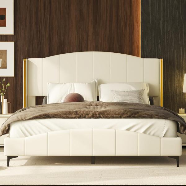 商品名:  Queen Size Bed Frame with Wingback Headboard,Modren PU Leather Upholstered Platform Bed Queen Size with Wood Slat ...