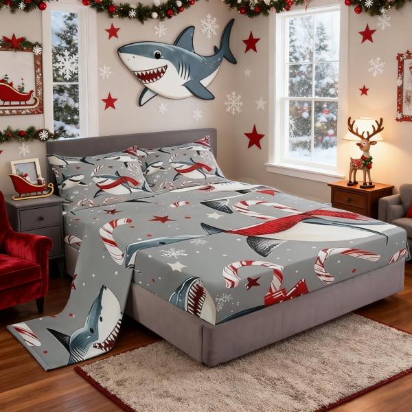 商品名: カートゥーン サメ シーツセット フルサイズ クリスマス スイート キャンディ寝具セット 4点 海底 海洋魚 ベッドシーツ 子供 女の子 男の子 ティーン キュート スター スノーフレーク フィット + フラットシーツ、枕カバー2...