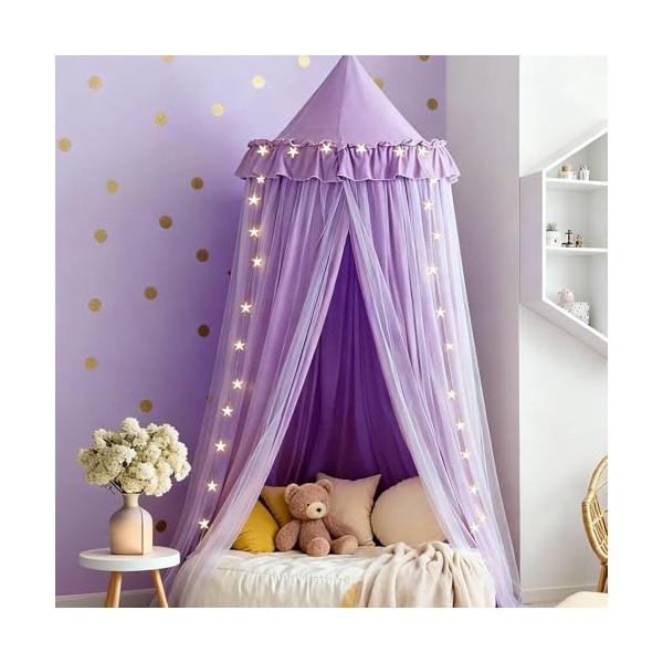 商品名: ベッドキャノピー スターライト付き ダブルレイヤー ベッドキャノピー 女の子用 プリンセスキャノピー ベッドカーテン ツインベッド用 通気性 キッズ ドリーミー プレイテント 城 読書用隅 洗濯機洗い可 26インチ×125インチ ...