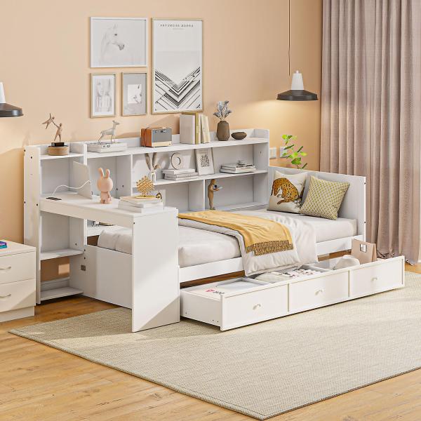 商品名:  Guxeei Twin Size Daybed, Wooden Sofa Bed Frame with 3 Storage Drawers, USB Ports, Storage Shelves, and Study Desk,...