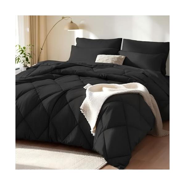 商品名: SunStyle Home キングサイズ 掛け布団セット、7点 ベッドインバッグ 掛け布団とシーツ付き オールシーズン寝具セット 掛け布団、フラットシート、ボックスシーツピローシャム、枕カバー(ブラック) SunStyle Hom...