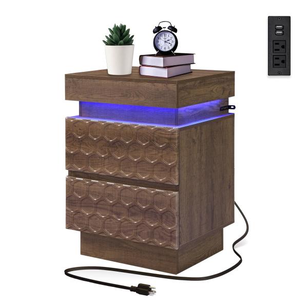 商品名: DAELIFKER LEDナイトスタンド 充電ステーション付き 六角形の溝付きナイトスタンド スライドトップ付き 木製ベッドサイドテーブル 引き出し3つ付き モダンなベッドサイドエンドテーブル 寝室 リビングルーム用 ウォールナッ...