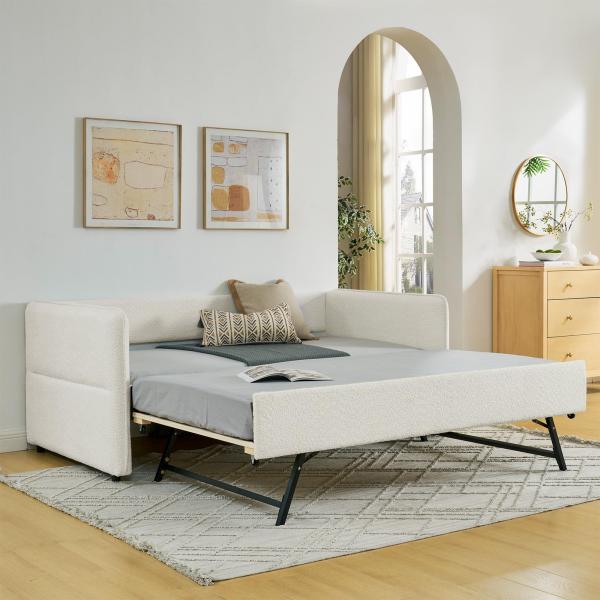 商品名:  Antetek Twin Size Daybed with Pop up Trundle, Upholstered Boucle Fabric Day Bed Frame with Twin Roll-Out Trundle, ...