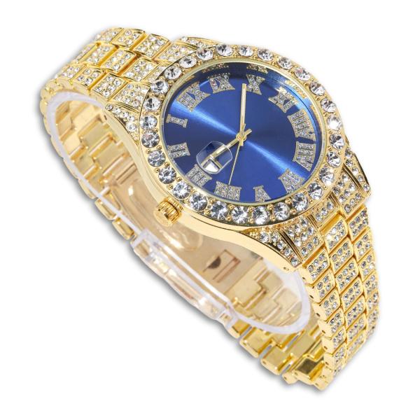 商品名: richhut ダイヤモンドウォッチ メンズ メンズ - ブルーダイヤル - アイスアウト 18mm ワイドリストバンド 18K リアルゴールド/ホワイトゴールド プラチナメッキ キューバリンクチェーンセット オプション ボーイフ...