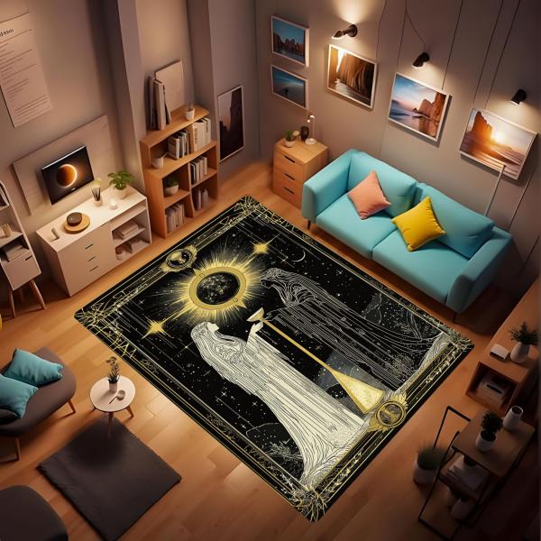 商品名:  High Priestess Holding Hourglass Tarot Card Black and White Mysterious Celestial Sun Star Moon Carpet, Bedroom Liv...