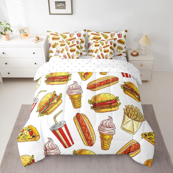 商品名: ハンバーガープリント 掛け布団セット 7ピース ツインサイズ ピザコーラ ホットドッグベッド バッグ入り 子供用 ファーストフード テーマ 寝具セット おもしろい おいしい フード ベッドセット シーツ付き 寝室の装飾 Feely...