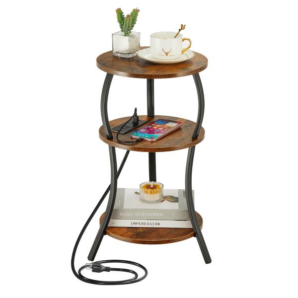 商品名: 充電ステーション付き小型ラウンドサイドテーブル、収納棚付き3段ウエスト円形エンドテーブル、コンパクトなティーソファサイドテーブル小さなスペース、リビングルームベッドルーム用のラウンドコーナーコーヒーテーブル、ブラウン Small ...