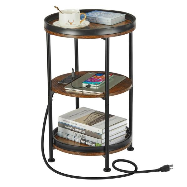 商品名: Dulcii サイドテーブル ラウンドエンドテーブル 3段棚付き リビングルーム 寝室 ナイトスタンド スチールフレーム 小さなスペース用 インダストリアルラウンドソファテーブル アウトドアアクセントコーヒーテーブル(USB+ラス...