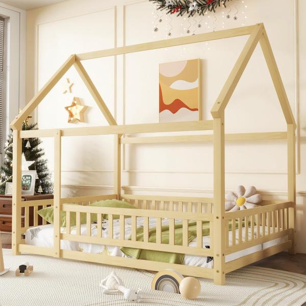 商品名:  Luckiofvonne Twin Size House Floor Bed With Fence and Roof - Wooden Montessori Playhouse Style Frame for Kids, Gir...