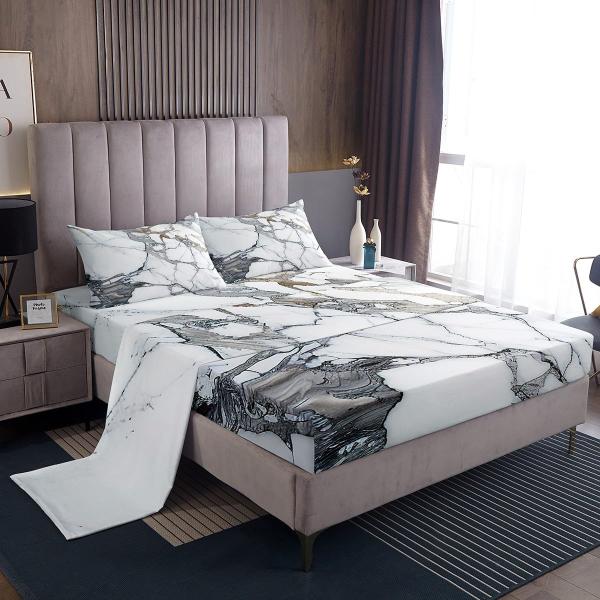 商品名: Feelyou ブラック ホワイト マーブル ベッドシーツセット キングサイズ モダン マーブル 美的シーツセット レトロ 水彩 アートワーク デザイン シーツ 深いポケット付き ボックスシーツ 抽象的な大理石 テクスチャ プリン...