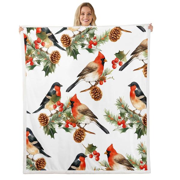商品名: Feelyou Merry Christmas シェルパブランケット クイーン 90インチx90インチ ベリーとカーディナル柄 プリント フリース スローブランケット ベッド/ソファ/ソファ用 ウルトラソフト クリスマス オールシ...