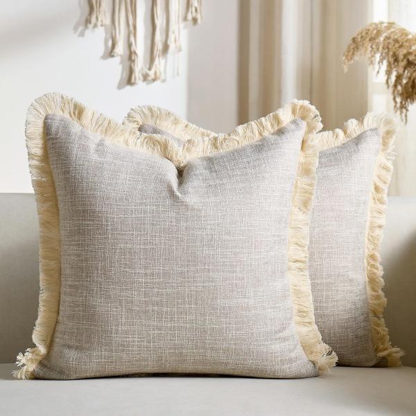 商品名: フェイクリネンフリンジ装飾スローピローカバー 18x18インチ ベージュ黄麻布 ボヘミアンファームハウスピローケース タッセル付き 素朴な織地 テクスチャードクッションケース ソファベッド/リビングルーム/ホームデコレーション用 ...