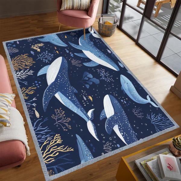 商品名:  Whales Area Rug 5x8 Large Blue Sea World Ocean Animals Corals Living Bedroom Rug, Non-Slip Machine Washable Low-Pi...