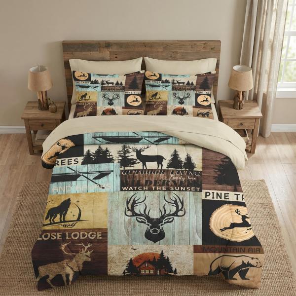 商品名: WeCozy クイーンサイズ掛け布団7点セット 枕カバー2枚&amp;枕カバー2枚付き クマのオオカミの木 ウッドボード寝具 子供と大人向け 松の動物 狩猟 鹿のベッド バッグ入り フラットシーツ付き WeCozy 7 Pcs Q...