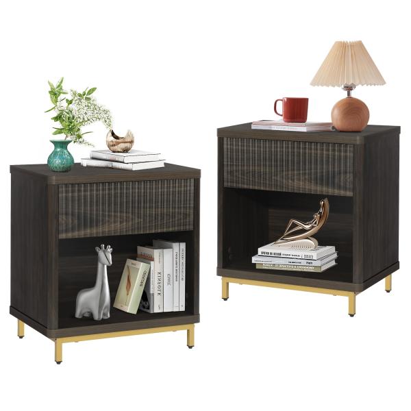 商品名:  QuicMiou Fluted Night Stand Set of 2 Nightstands with Drawer Storage, Farmhouse Bed Side Table End Table with Meta...