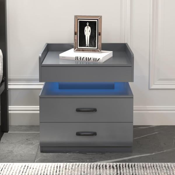 商品名:  2 Drawers Night Stand with LED Lights,Wood Nightstand with Upper Open Space,Modern Bedside Table with Sliding Draw...
