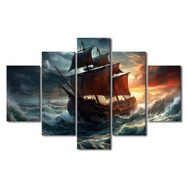 商品名:  Artwork for Home Walls Pirate Ship Sunset on the Rough Sea Prints Wall Art Framed Art Old Ship Living Room Wall Ar...