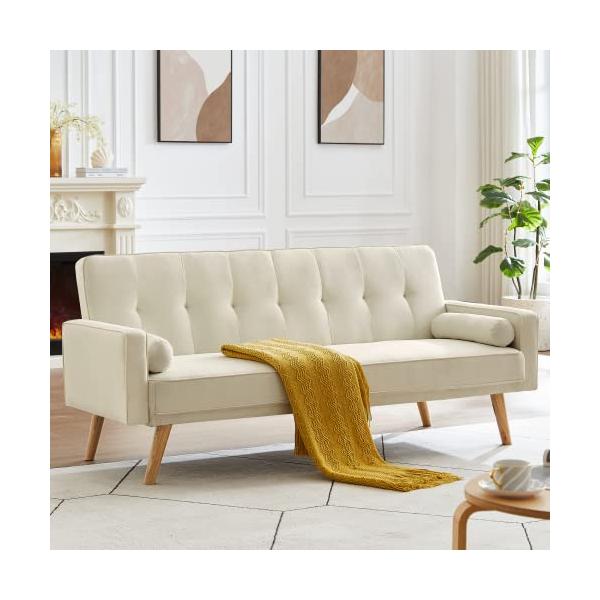 商品名:  72'' Green Velvet Futon Couch Bed, Small Loveseat Sofa Sleeper Includes 2 Pillows for Small Spaces, Mid-Century Mo...