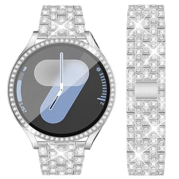商品名: DEALELE バンドと強化ガラスケース Samsung Galaxy Watch 7 44mm対応 20mm キラキラ光るダイヤモンドメタルストラップ フル保護ケース スクリーンプロテクター カバー 交換用 男女兼用 (シルバー...