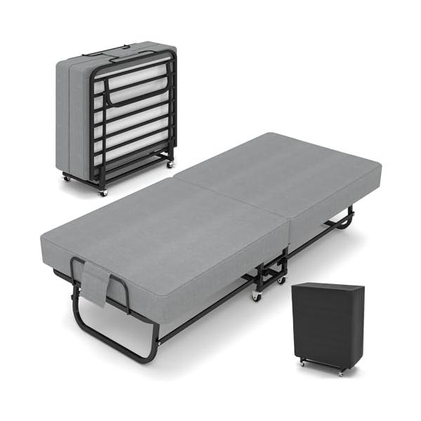 商品名: 折りたたみ式ベッド マットレス付き 大人用 キャスター付き折り畳み式ゲストベッド コットサイズ ポータブル折りたたみ式ベッド 低反発マットレスと収納カバー付き 金属フレーム 収納が簡単な折りたたみ式ベッド 75インチ x 31イン...