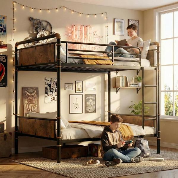 商品名:  Twin XL over Twin XL Bunk Beds for Kids and Teens , Industrial Heavy-Duty 2 IN 1 Metal Convertible Bunk Bed with L...
