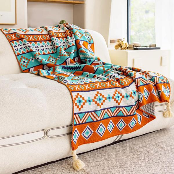 商品名: ボーホー 自宅用スローブランケット ソフト &amp; 抜けない ブルーとオレンジ 快適 オールシーズン 軽量 ブランケット 屋内 屋外用 ボヘミアンデザイン 椅子、ソファ、カウチ用 (グリーンオレンジ、130x200cm-51イ...