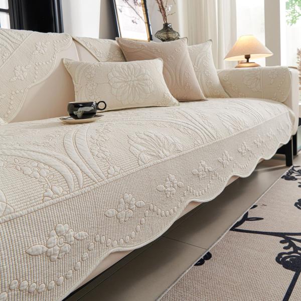 商品名: vctops コットンキルトカウチカバー ファームハウス 郡 花柄刺繍ソファカバー ノンスリップ ソフトスカラップソファスリップカバー 洗える家具プロテクター 犬 ペット 猫用(クリーム、28インチx59インチ) vctops C...