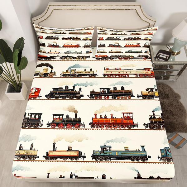 商品名: Feelyou キッズ ヴィンテージ トレイン ボックスシーツ フルサイズ レトロ スチーム エンジン ベッドシーツセット 男の子 女の子 レトロ 蒸気機関車 列車 寝具セット 車両 列車 ベッドカバー 深いポケット Feelyo...