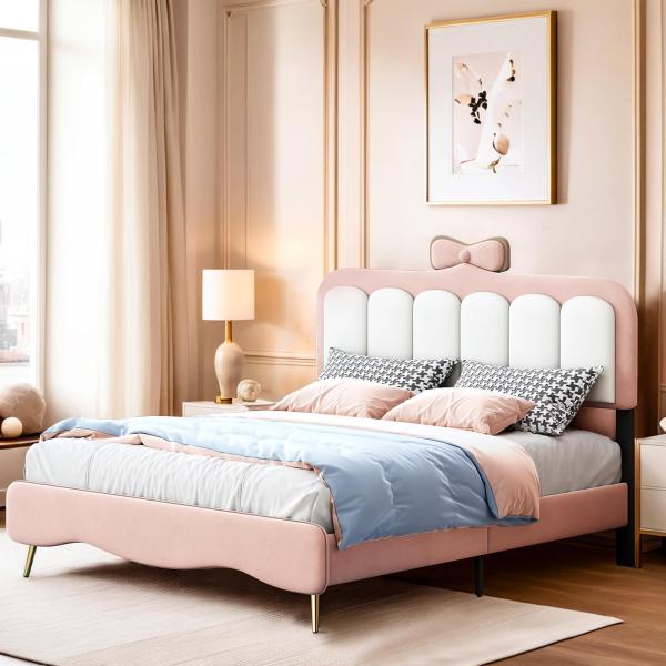商品名:  YIORTWO Full Size Princess Bed with Bow-Knot Adjustable Headboard,Velvet Platform Bed Frame with Metal Legs,Strong...