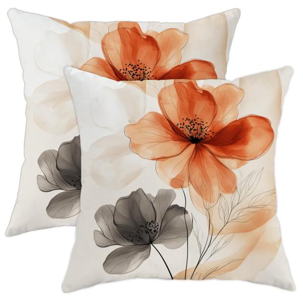 商品名:  Floral Pillow Covers Set of 2, Orange and Black Flower Pattern Throw Pillow Cases, Autumn Decorative Square Home D...