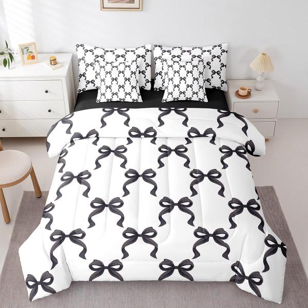 商品名: ブラックボウ 寝具7点セット フル、プリンセススタイル 蝶結び ホワイト ブラック ベッド バッグ入り 若者向け 夢のようなおとぎ話 蝶ネクタイ クロスパッチワーク 掛け布団セット シーツ、枕カバー付き Black Bow 7 P...