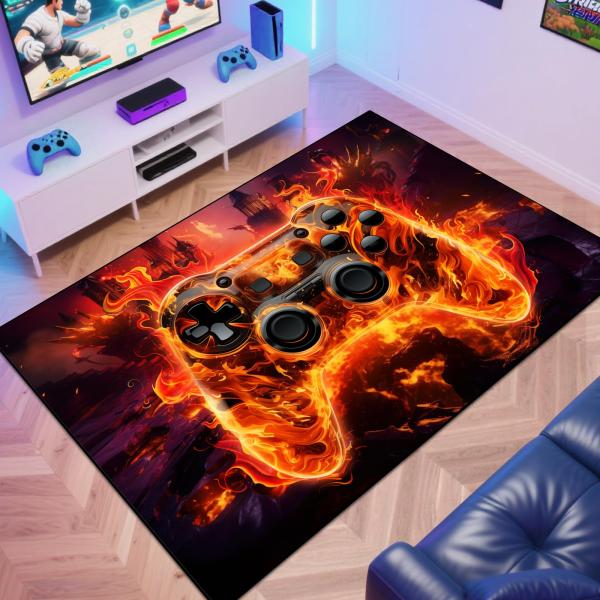 商品名: ゲームエリアラグ ティーンボーイズカーペット、3D透明ゲームパッド背景ゲームコントローラーデザイン、ゲームルーム、男の子、女の子、寝室、プレイルーム、リビングルーム(ヘルファイア、79インチ x 59インチ) Gaming Are...