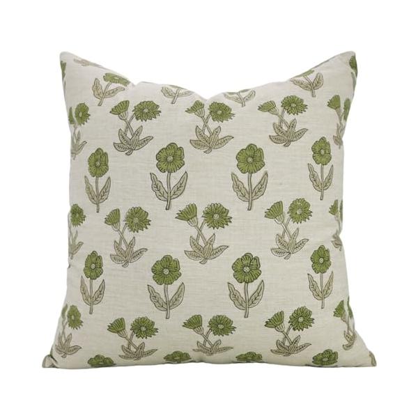 商品名: フローラル ハンドメイド ブロックプリント リネンブレンド 16X16インチ スロークッションカバー,インドア,ホームデコレーション,ファームハウスピローケース,ソファ/ベッドの装飾,秋の装飾,キルティ,グリーン Fabritua...