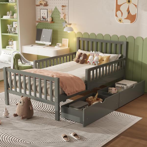 商品名:  Bellemave Kids Twin Bed Frame with Storage Drawers and Both Sides Guardrails, Kids Platform Bed with Headboard and...