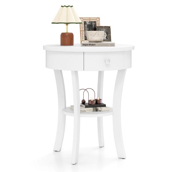 商品名: GOFLAME ラウンドエンドテーブル 引き出し付き 2段ソファサイドテーブル 無垢材の脚付き オープン収納棚 ヴィンテージアクセントテーブル ディスプレイテーブル コンパクトナイトスタンド リビングルーム用 ホワイト GOFLA...