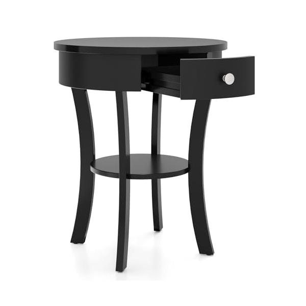 商品名: GOFLAME ラウンドエンドテーブル 引き出し付き 2段ソファサイドテーブル 無垢材の脚付き オープン収納棚 ヴィンテージアクセントテーブル ディスプレイテーブル コンパクトナイトスタンド リビングルーム用 ブラック GOFLA...