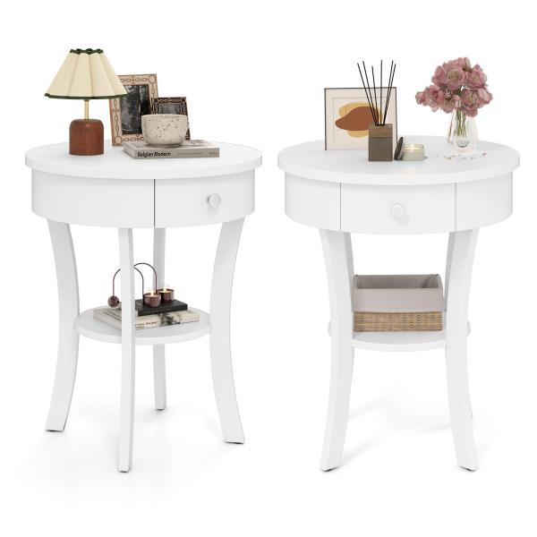 商品名: GOFLAME ラウンドエンドテーブル 引き出し付き 2個セット ソファサイドテーブル 無垢材の脚付き オープン収納棚 ヴィンテージアクセントテーブル ディスプレイテーブル 2段コンパクトナイトスタンド リビングルーム用 ホワイト...