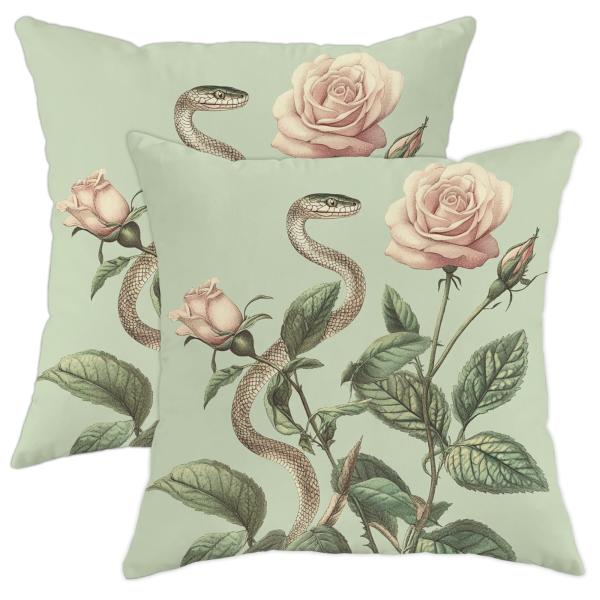 商品名:  Vintage Snake and Rose Pillow Covers Set of 2, Soft Green Floral Throw Pillows Case, Decorative Square Cushion Cov...