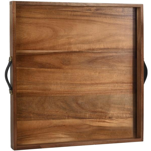 商品名: 特大 正方形 オットマントレイ リビングルーム用 コーヒーテーブル用 21.5 x 21.5インチ 装飾アカシア 木製サービングトレイ レザーハンドル付き ベッドでの朝食 ディナー フード テレビ用 (カラーナチュラル) Extr...