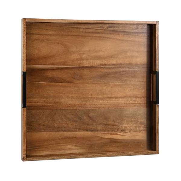 商品名: 大きな正方形のオットマントレイ リビングルームとコーヒーテーブル用 22 x 22インチ 装飾アカシア木製サービングトレイ ハンドル付き ベッドでの朝食、ディナーフード、キッチンテレビ用 (カラーナチュラル) Large Otto...