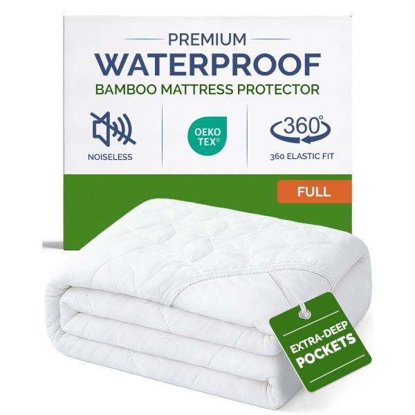 商品名: 防水冷却マットレスプロテクター フルサイズ - 竹製ビスコース製マットレスカバー - 深さ16インチ対応 - ボックスシーツスタイル&amp;伸縮性ポケット - ノイズレス、快適、通気性 - 54 x 75インチ - ホワイト W...