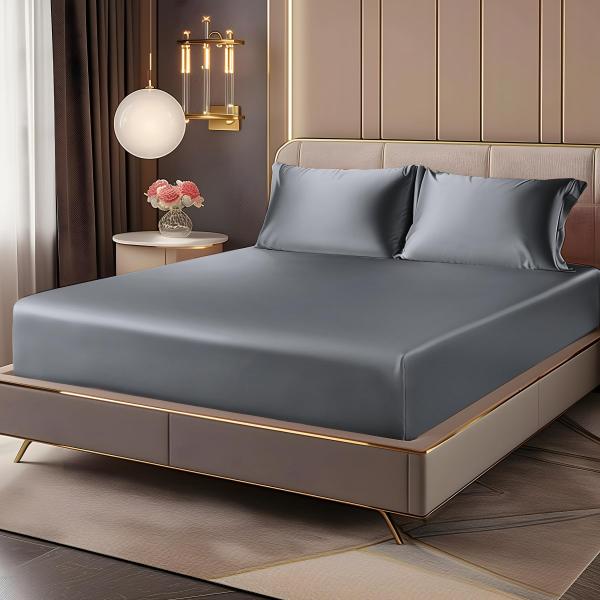 商品名: BEDELITE サテンボックスシーツと枕カバーセット、シルクボトムのベッドシーツに似た柔らかさ、伸縮性のあるコーナーストラップ付き、15インチまでの深いポケット、ボックスシーツ1枚と枕カバー2枚(カルキング、ダークグレー) BE...