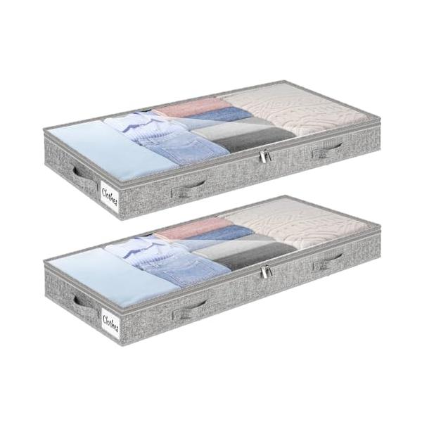 商品名: ベッド下ストレージコンテナビン 2個パック 4インチ 浅く目立たないベッド下衣類ストレージオーガナイザー 寮や自宅用 ブランケットやおもちゃの収納ボックスに 頑丈な底面/側面付き 折りたたみ式厚手生地 4 Inch Low Pro...