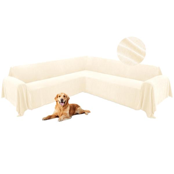 商品名: HDCAXKJ コーナーセクショナルカウチカバー 犬用L字型ソファカバー タッセル付き シェニール スーパーソフト ノンスリップ U字型カウチカバー ブランケット 洗濯可能 セクショナルスリップカバープロテクター (ライトベージュ...